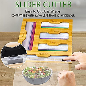 Plastic Bag Organizer for Kitchen Drawer, Bamboo Baggie Organizer and Wrap Dispenser with Cutter, Bag storage organizer Compatible with Gallon Quart Sandwich Solimo Glad Snack Variety Size Bag