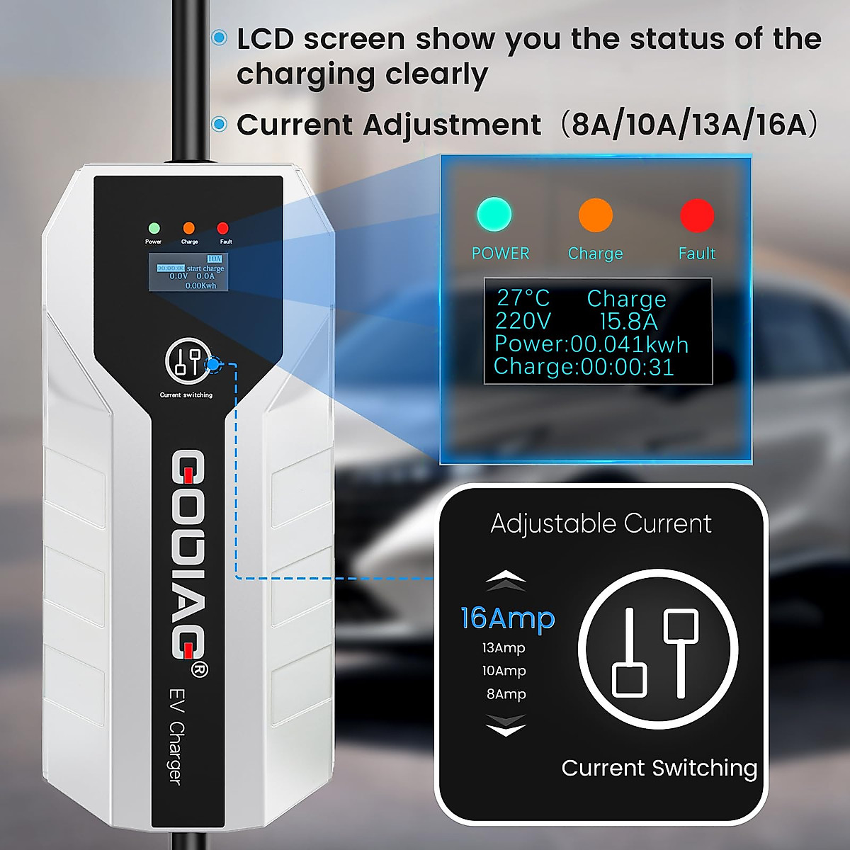 GODIAG Level 1+2 EV Charger - ETL Certified, 16Amp, 110V-240V, 20ft Cable, Portable Electric Car Charger for J1772 EVs with NEMA 6-20 & NEMA 5-15 Plug