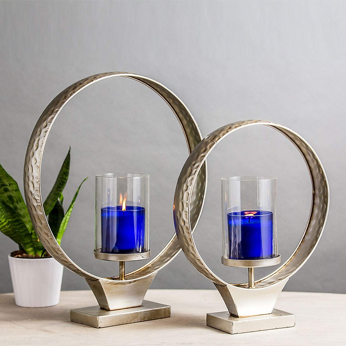 Foreside Home & Garden Small Hammered Metal Round Ring Pillar Candle Holder, Silver