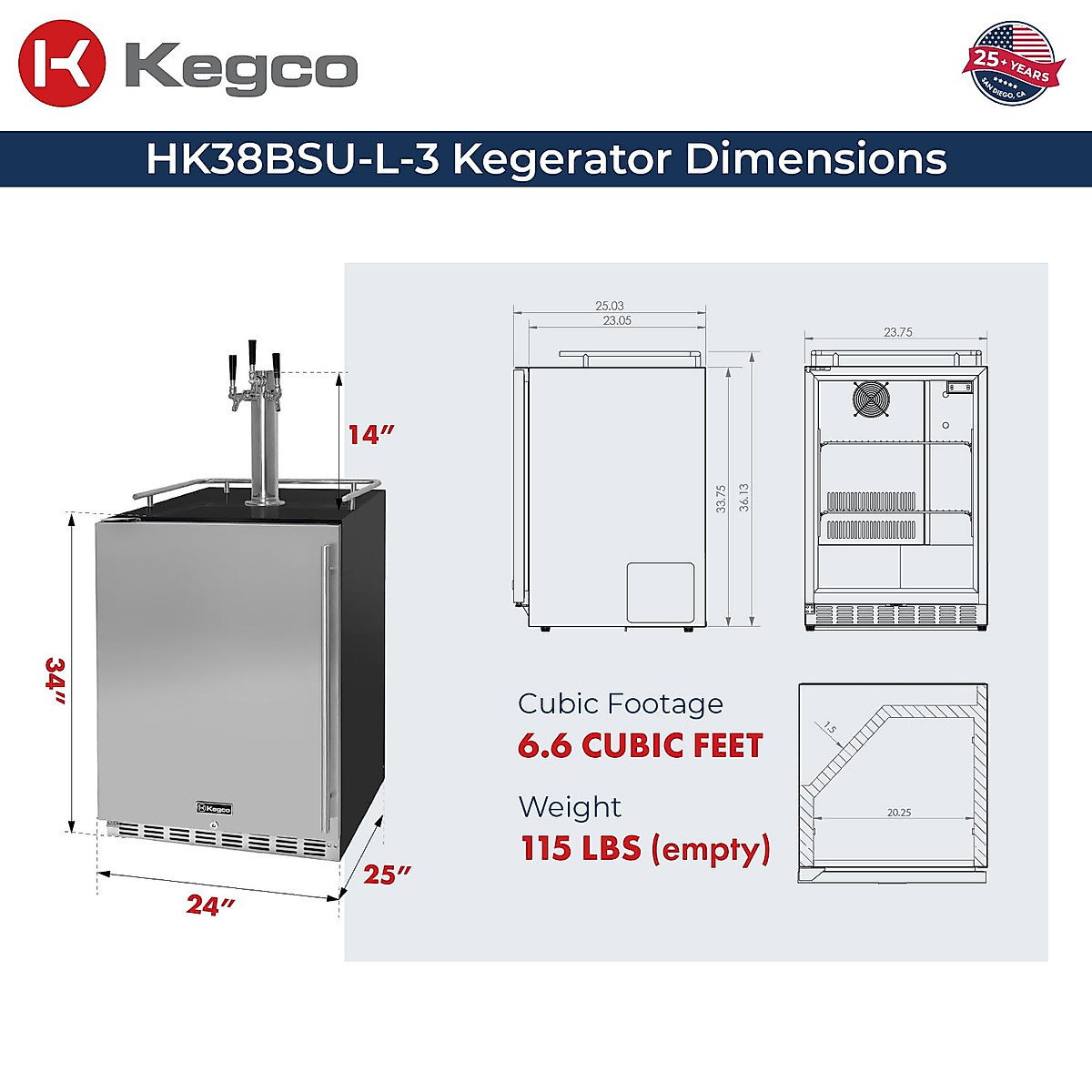 Kegco Kegerator 24" Wide Triple Tap Black/Stainless Steel Undercounter Beer Dispenser HK38BSU-L-3