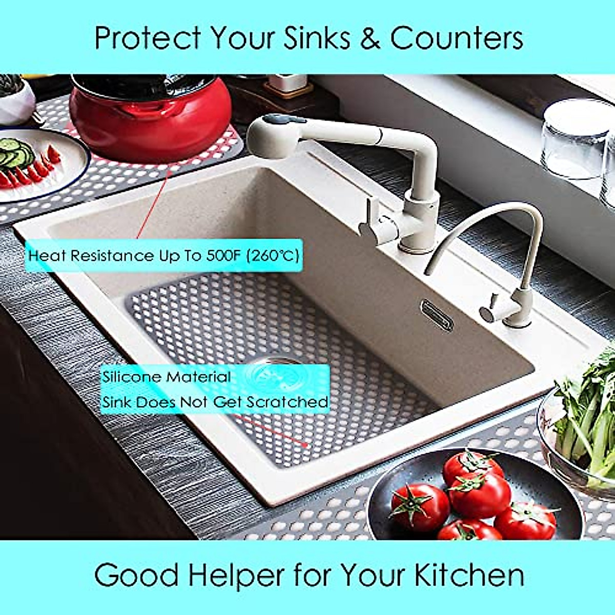 Tisnveky Silicone Sink Protectors for Kitchen [1 Pack] [24.8'' x 13''], Grey Sink Mat Grid for Bottom of Farmhouse Stainless Steel Porcelain Sink with Center Drain