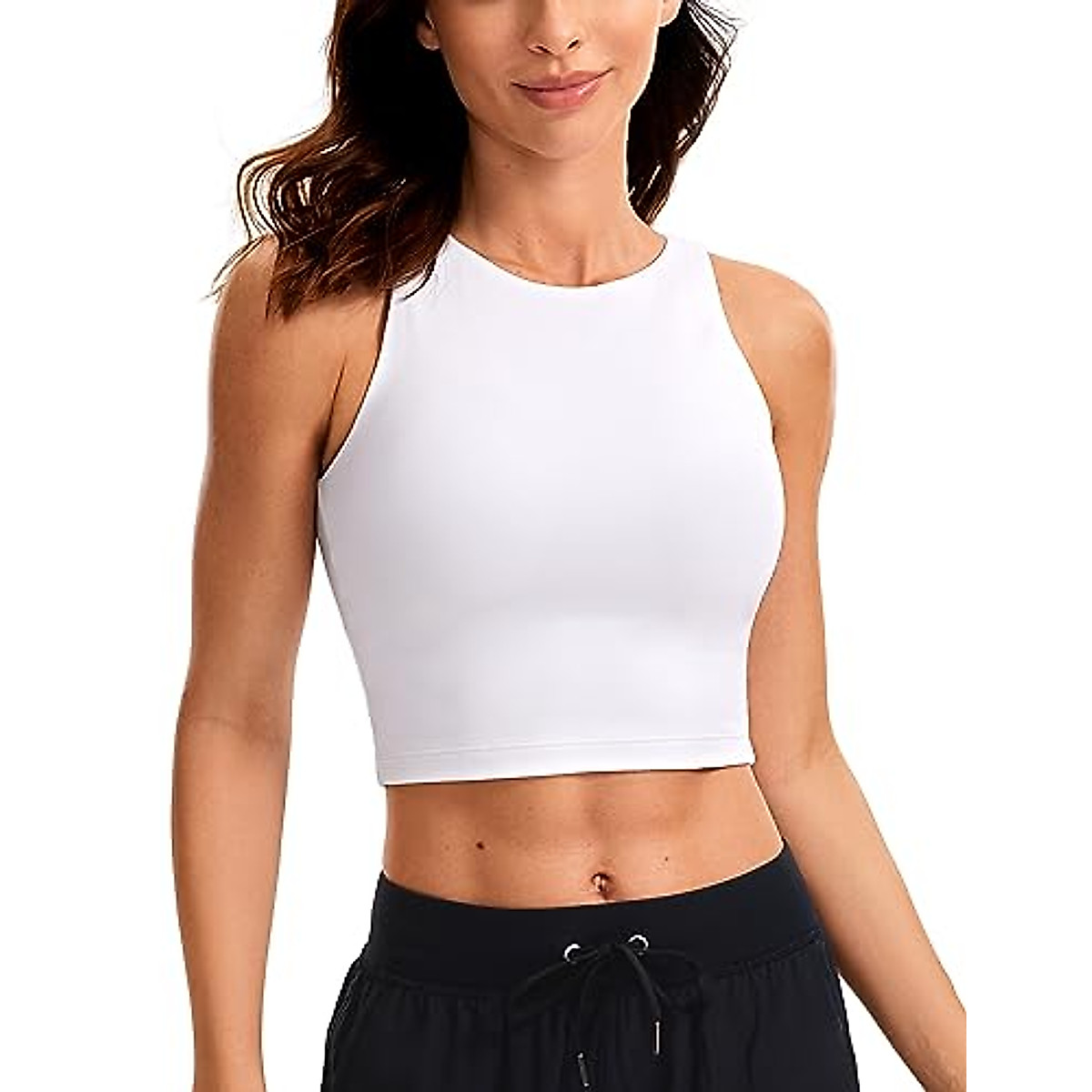 CRZ YOGA Womens Butterluxe Double Lined Cropped Tank Tops High Neck Racerback Tanks Sleeveless Casual Workout Crop Top White Medium