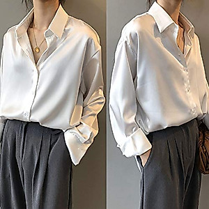 Pantete Womens Satin Silk Button Down Shirt Long Sleeve Casual Office Blouse Top Breathable & Silky White