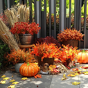 Momkids 4 Bundles Artifical Spring Flower Outdoor Fake Plant Decor UV Resistant Faux Plastic Plants Hanging Plante Halloween Flower for Home Garden Porch Thanksgiving Christmas Decorations