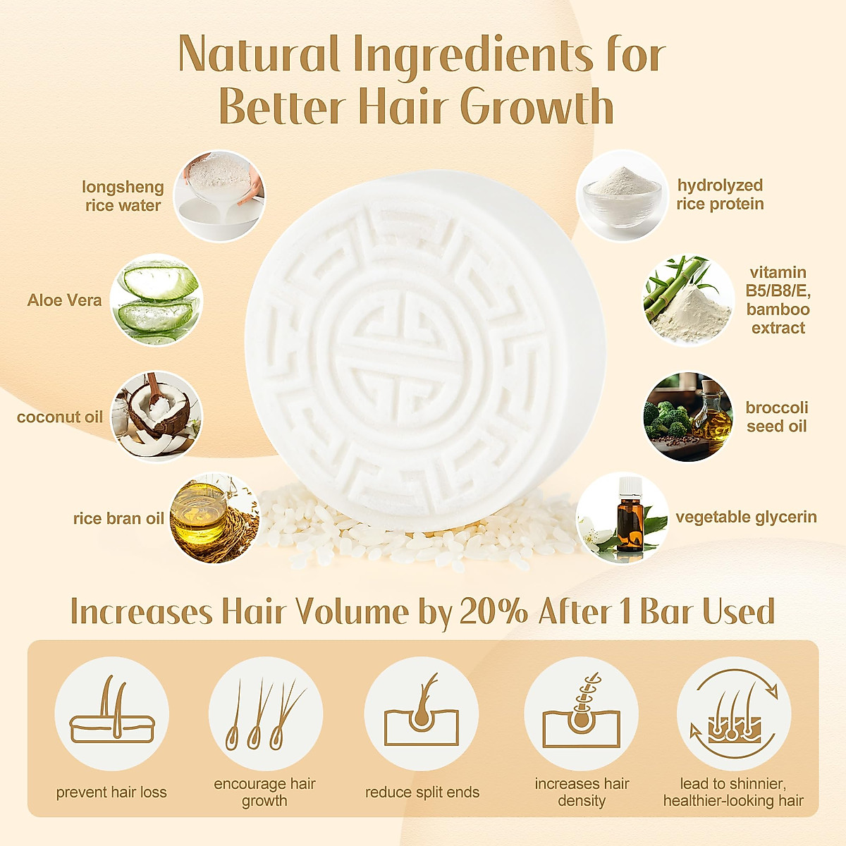 Leafinty Rice Water Shampoo Bar - 2 in 1 Fermented Rice Water Solid Shampoo and Conditioner for Hair Growth and Moisturizing - Vegan, pH Balance, Zero Waste, 3.5oz