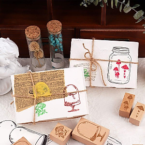 RISYPISY Mushroom Wooden Rubber Stamps, 10pcs Specimen Bottle Rubber Stamps & 12 Sheets Jar Shape Cards for Card Making, DIY Craft, Scrapbooking, Diary Decor