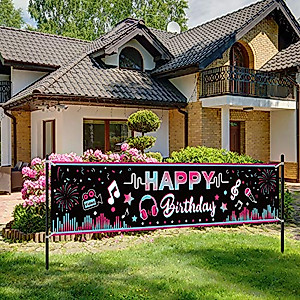 71 x 16 Inch Happy Birthday Banner Decorations, Large Fabric Music Party Banner Backdrop Background Photo Booth Banner Indoor Outdoor Decor for Teens Social Media Theme Birthday Party Supplies