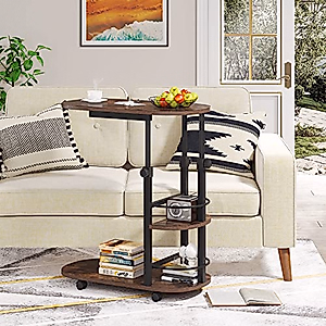 LITTLE TREE Side Height Adjustable C Table with Wheels, Black Rustic Brown