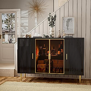 IKIFLY Modern Sideboard Buffet Cabinet with Storage, 47" Kitchen Storage Cabinets with Glass Doors and Shelves, LED Lights, Coffee Bar Cabinet for Dining Room, Kitchen, Hallway, Living Room, HU9156