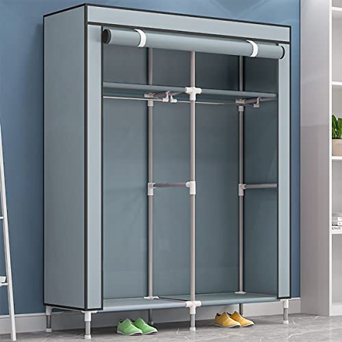 TIE-DailyNec Closet Portable Wardrobe Clothes Storage Organizer with Hanging Rails, Non-Woven Fabric Wardrobe Freestanding Storage Shelves, Durable & Easy Assembly Closet (Silver Gray)