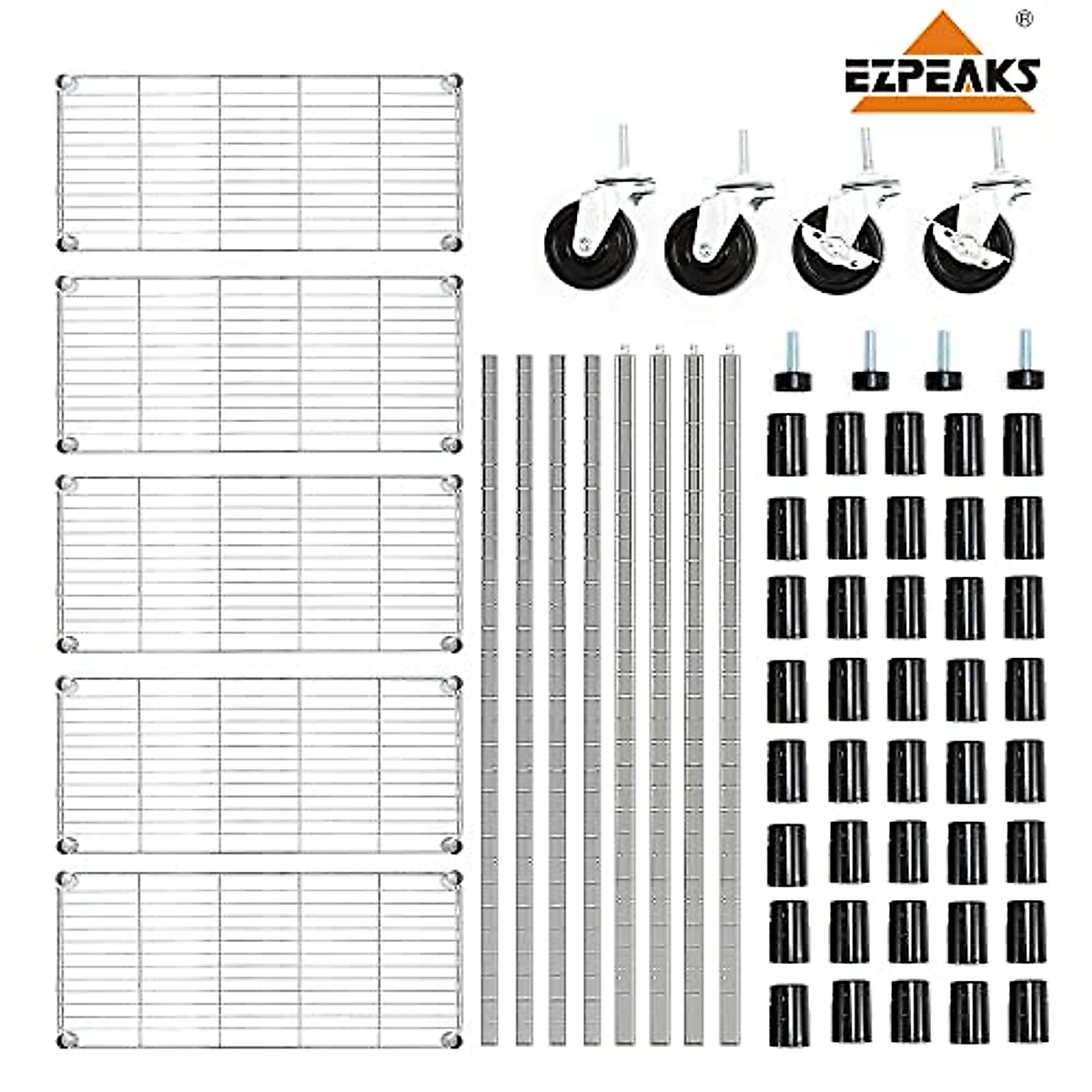 EZPEAKS Chrome 5-Shelf Shelving Unit on 3'' Wheels with Shelf Liners Set of 5, NSF Certified, Adjustable Heavy Duty Steel Wire Shelving Rack (30W x 14D x 63.7H) Pole Diameter 1 Inch