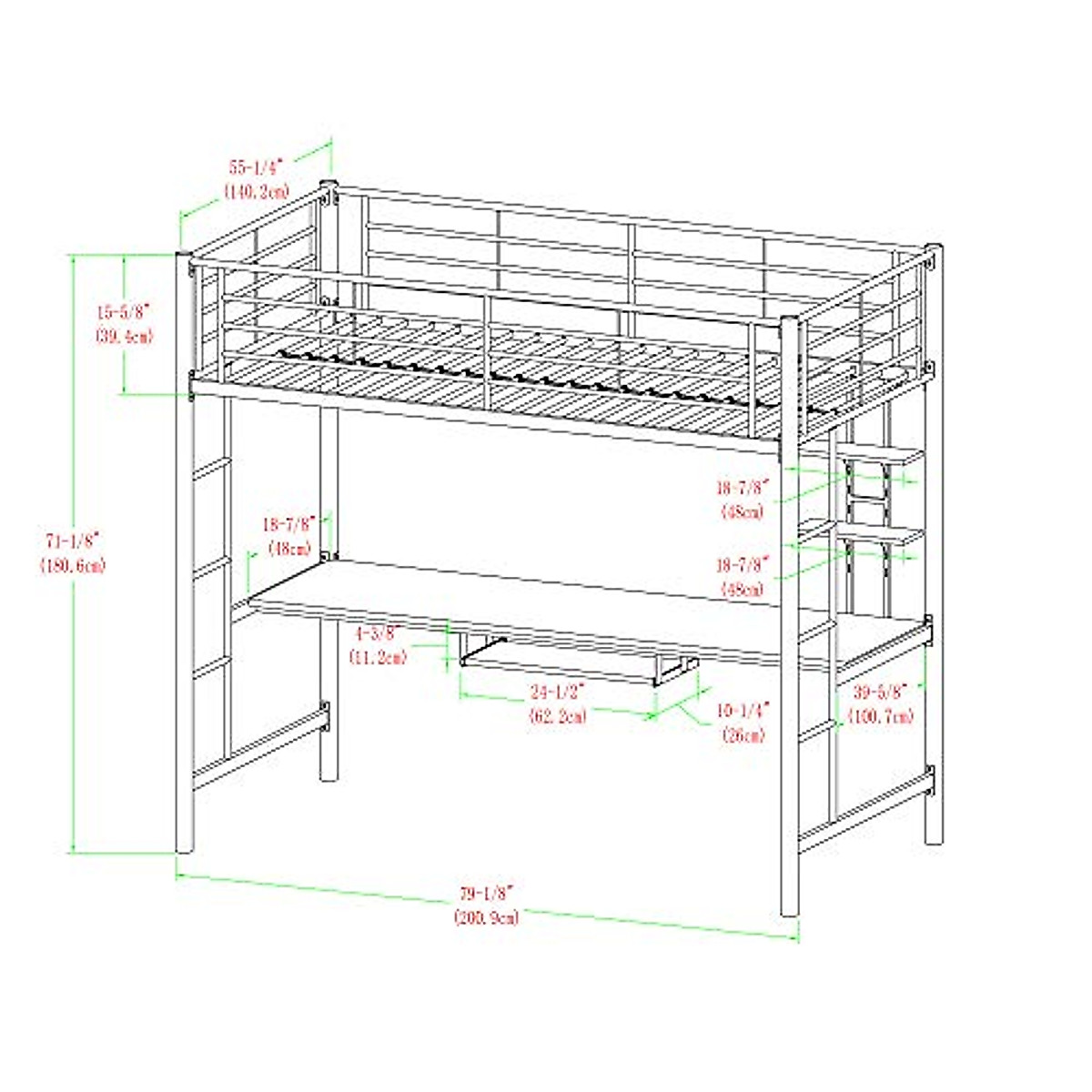 Walker Edison Timothee Urban Industrial Metal Double over Computer Desk Bunk Bed, Full Double, Black