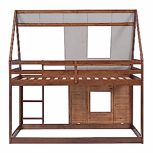 Merax Twin Over Twin Bunk Bed Wood Frame with Roof, Ladder and 2 Windows for Kids Teens Girls Boys，Oak & Smoky Grey