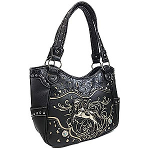 Zelris Western Rearing Horse Embroidered PU Leather Concealed Carry Women Tote Purse with Matching Wallet Set (Black)