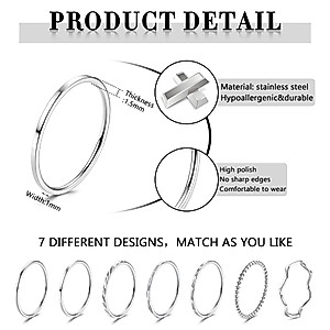 YADOCA 7 Pcs 1MM Stainless Steel Rings for Women Men Fashion Simple Plain Knuckle Stacking Midi Thumb Dainty Thin Stackable Statement Band Rings Set Size 5-11 Silver Tone