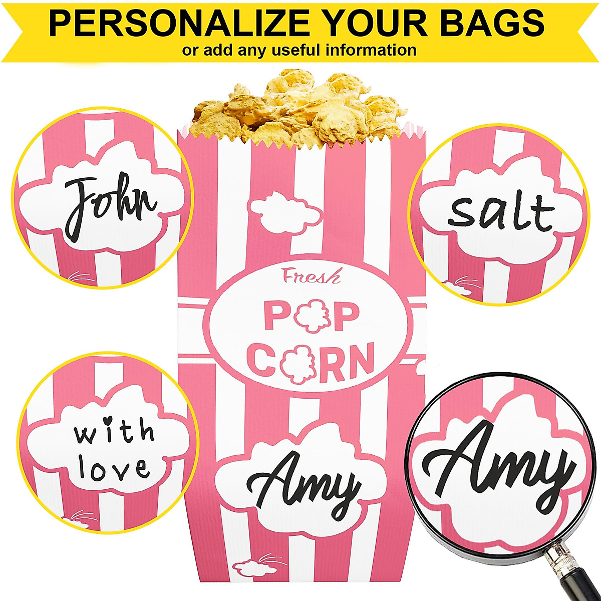 CUSINIUM 1oz Pink Paper Popcorn Bags (100-pack) - Carnival Theme - Customizable
