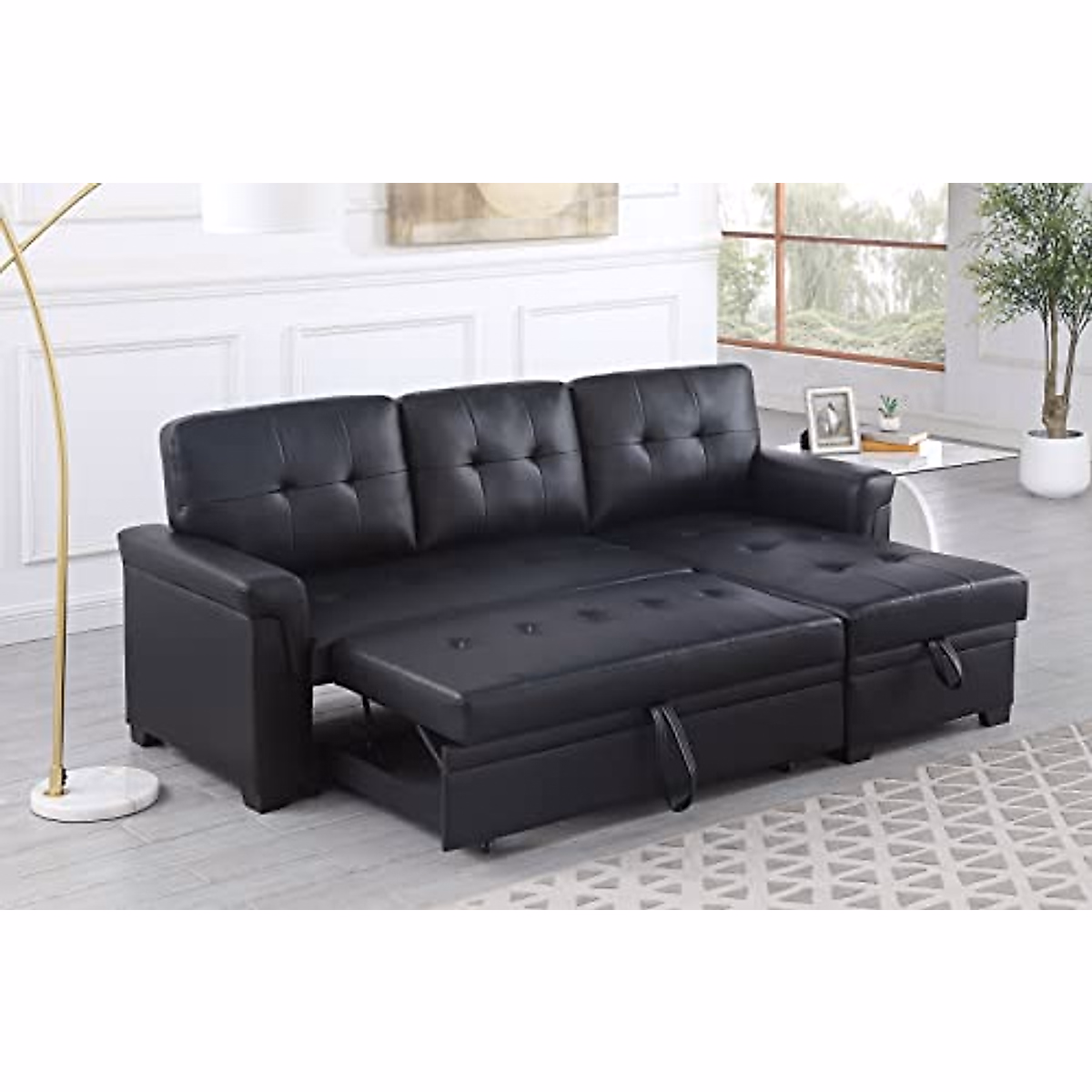 Evedy Reversible Sleeper Sectional Sofa with Storage Chaise,Living Room Furniture Set,L-Shaped Couch with Pull-Out Sofa Bed,PU Leather Upholstered Sofas & Couches for Apartment/Lounge-Black
