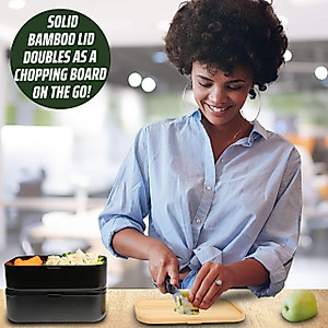 GRUB2GO Premium Bento Lunch Box (Large 68 Oz Capacity) | 2023 Exclusive, 70% Bigger | Includes Bamboo Chopping Board Lid, Carry Bag, 2 Dividers, Utensils, Sauce Container