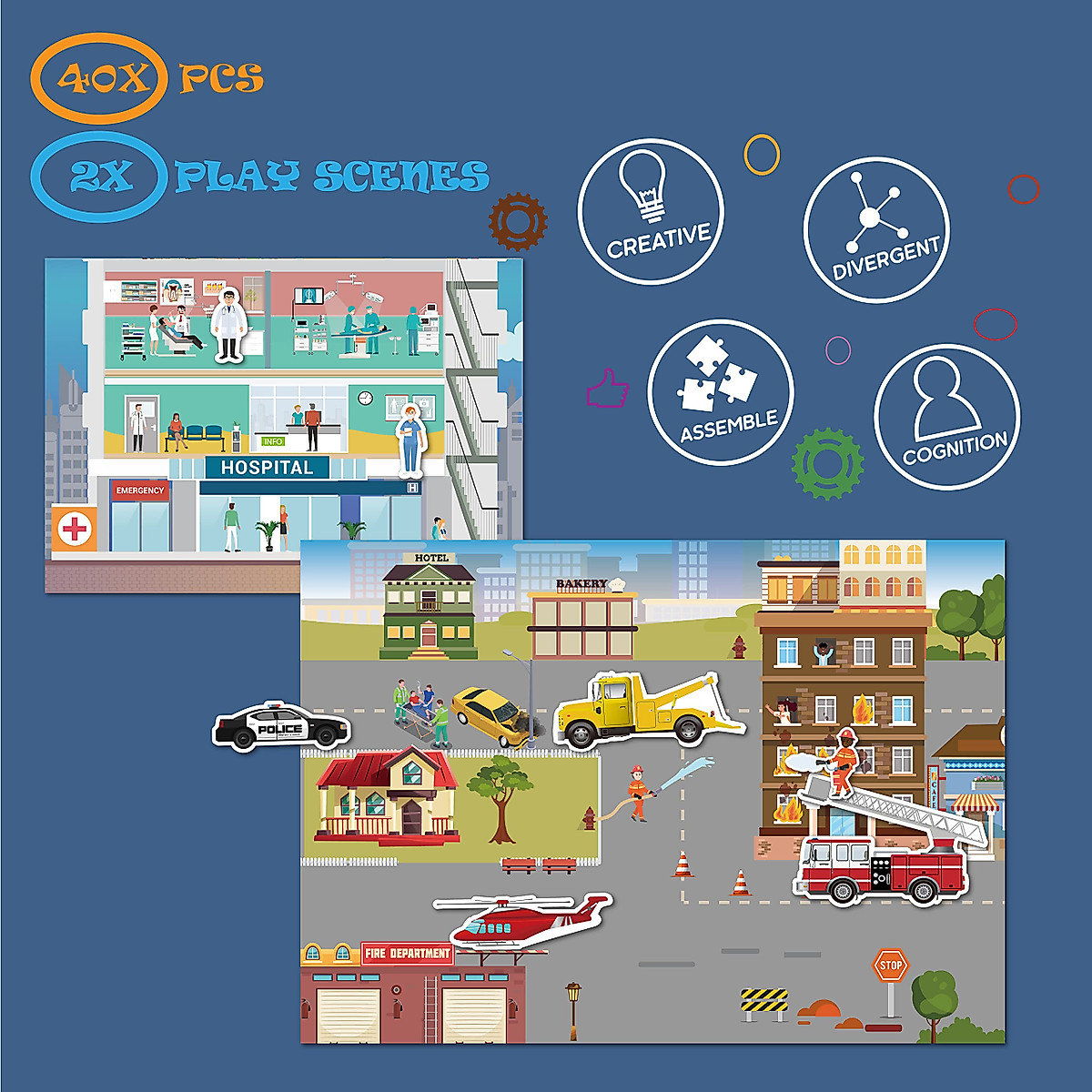 Magnetic Portable Playboard Elite Rescue Team Fire Fighting Trucks Police Trauma and Engineer (41 PCS)