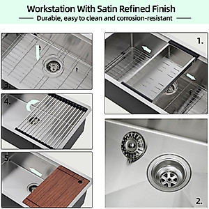 EcoChannels Undermount Kitchen Sink, 33 x 19 Inch Sink Kitchen 16 Gauge Stainless Steel Kitchen Sinks Single Bowl Workstation Sink with Cutting Board