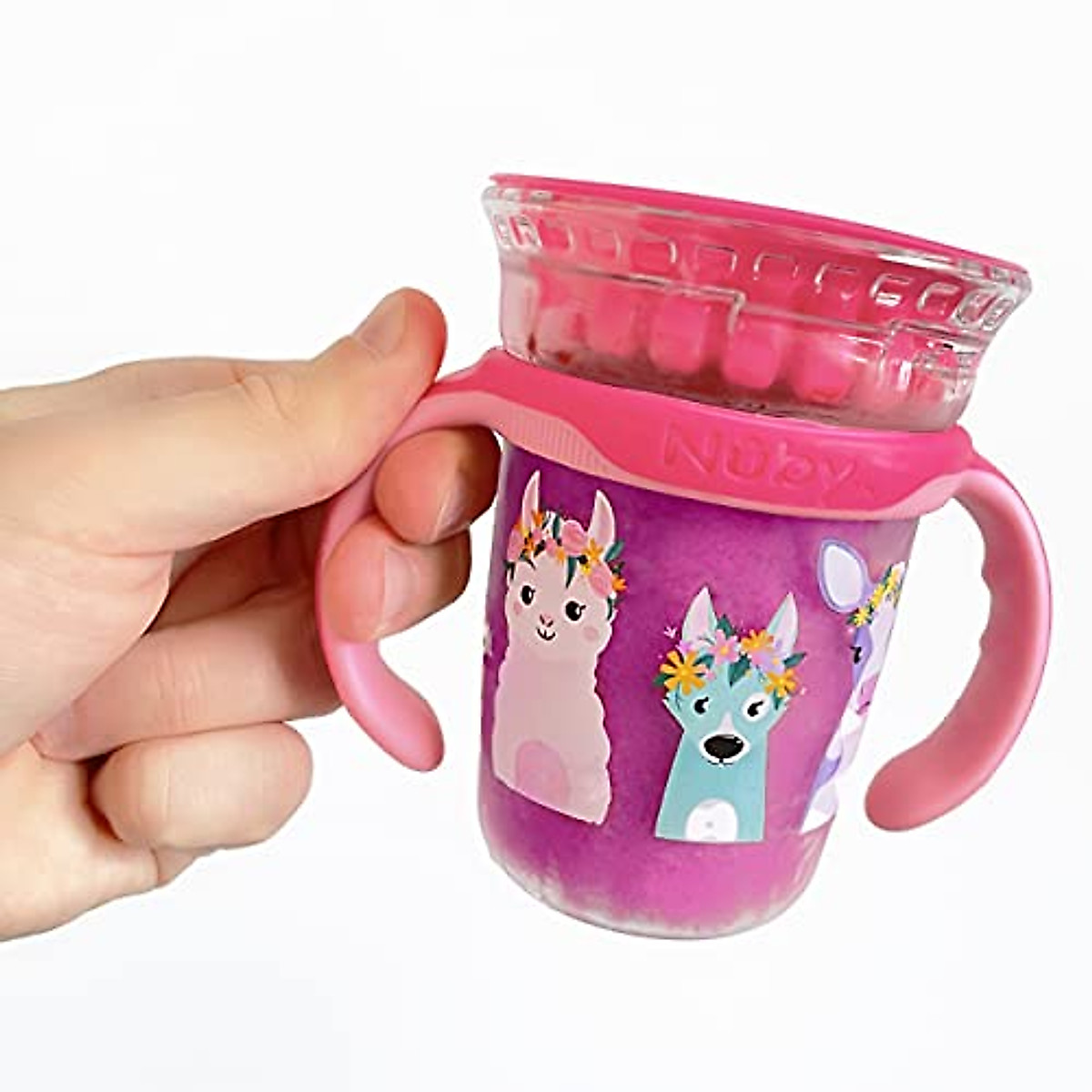 Nuby 360 Edge 2 Stage Drinking Rim Cup with Removable Handles & hygienic Cover: 8 Oz/ 240 Ml, 12M+, Flower Crowns, Pink (80819)