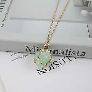 VNVETYTO Crystal Holder Necklace 14K Gold-plated Stainless Steel Cage Crystal Gemstone Pendant Necklace Jewelry for Women Men (Green Fluorite)
