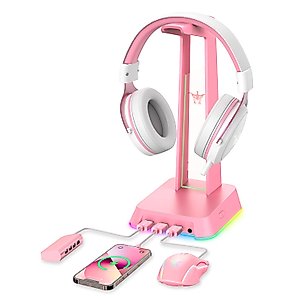 SOSISU RGB Headphones Stand with 3.5mm AUX and 3 USB 2.0 Ports, Gaming Headset Holder Hanger with Non-Slip Rubber Base for SOSISU Gaming Headset(Not Included), PC, Desktop (Pink)