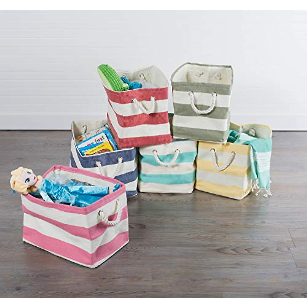 DII Durable Woven Striped Storage Bin Collapsible with Soft Rope Handles Reinforced with Metal Grommets, Large, 17x12x12", Olive Green