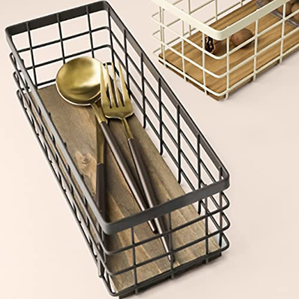 Dicunoy Set of 2 Small Wire Baskets, Narrow Rustic Storage Bin, Farmhouse Rectangle Bathroom Counter Organizer Tray for Kitchen Countertop, Pantry, RV, School Classrooms, Office Decorative