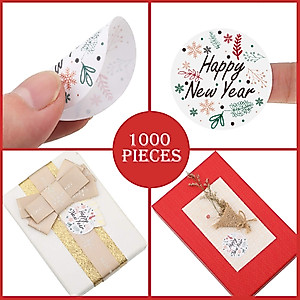 1000 Pieces Happy New Year Floral Stickers Waterproof New Year Labels for Party Favors, Goodie Bag Fillers, Holiday Decorations