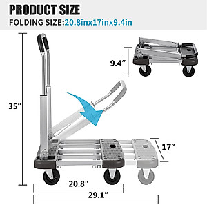 SmarketBuy Foldable Platform Cart 29" x 17" x 35" Aluminum Platform Truck 330lbs Capacity Folding Push Cart Adjustable Heavy Duty Platform Cart Dolly for Car House Office Luggage Moving