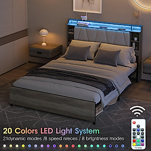 Full Size Bed Frames with Storage Headboard and LED Lights, Upholstered Platform Bed with Charging Station, Storage Space Under The Bed, Steel Slat Support, No Box Spring Needed, Noise Free