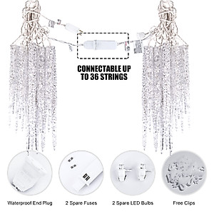 Christmas Icicle Lights with Clips, 10 Tubes 50 LED 15" LED Crystal Ice Falling String Lights, 36 Sets Connectable Waterproof Hanging Christmas Lights Plug in for Winter Roof Holiday Outdoor Decor