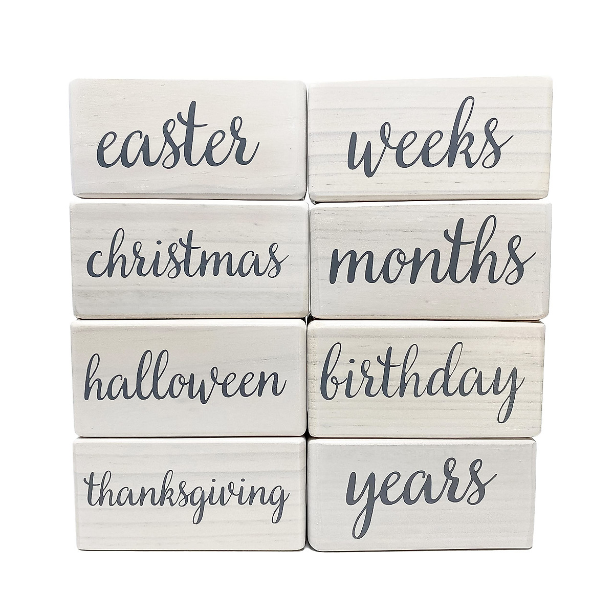 Pondering Pine Baby Milestone Blocks - Natural White Stain Pine Wood with Weeks Months Years Grade and Holidays, Newborn Weekly Monthly First Year Picture Props, 6 Block Milestones Age Set with Bag