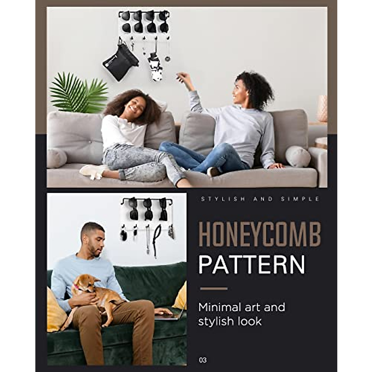 Emibele Sunglass Organizer Wall Key Holder, Decorative Wood Wall Jewelry Organizer Glasses and Sunglass Holder Display with 5 Hooks Key Rack Hanging Eyeglass Storage for Entryway Living Room, White