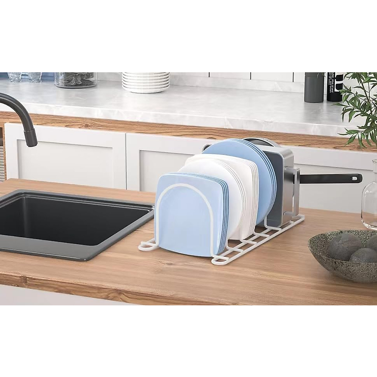 JAQ Pot Lids Holder, 10.5" Kitchenware Dividers Organizer for Plates, Pans, Cutting Boards, Muffin Tins, Baking Sheets in Cabinets Shelf Countertop Pantry (2-Pack, White)