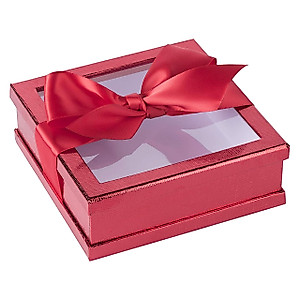 Hammont Clear Window Gift Boxes - 3 Pack - Multipurpose Bakery Boxes with Ribbon | Treat Boxes Perfect for Party Favors, Cookies and Cupcakes (Red, 6” x 6” x 2”)