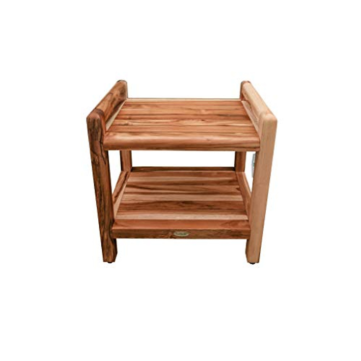 DecoTeak Earthy Teak Shower Stool Eleganto Natural Wood Seat Shower Bench with Storage Shelf and LiftAide Arms for Indoors and Outdoors - 14 inches Wide