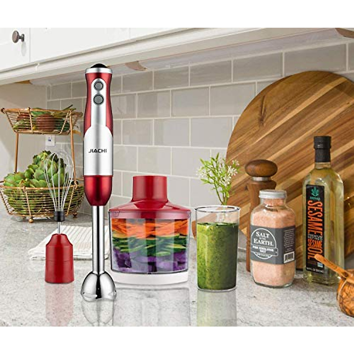 JiaChi 800W Variable Speed Immersion Hand Blender Set Includes BPA-Free Food Chopper/Egg Beater/Beaker, Titanium Coating Blade, Ergonomic Grip Detachable, Comfortable Silicone Button, Red