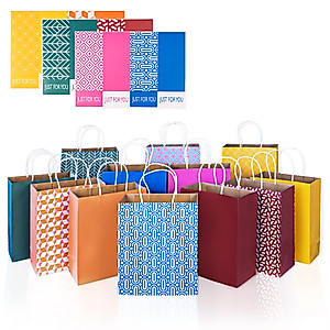 Racrico Paper Gift Bags,12 Pack of Paper Gift Bags with Handles in Solids and Geometric Patterns Unique Design,12.5X5X10 INCH Paper Gift Bags Bulk with Stickers For Birthdays,Party Favor,Reusable & Durable