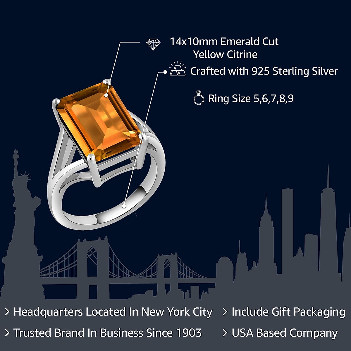 Gem Stone King 925 Sterling Silver Yellow Citrine Solitaire Engagement Ring For Women (8.20 Cttw, Emerald Cut 14X10MM, Gemstone Birthstone, Available 5,6,7,8,9) (Size 6)