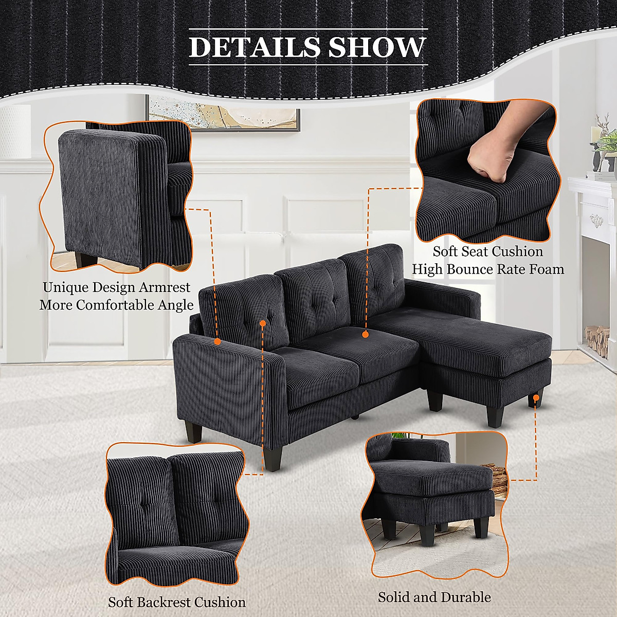 KYLE & KAY 73'' Convertible Sectional Sofa Couch, 3 Seat L-Shaped Sofa with Reversible Chaise, Small Couches for Small Spaces,Living Room, Apartment and Office, Black