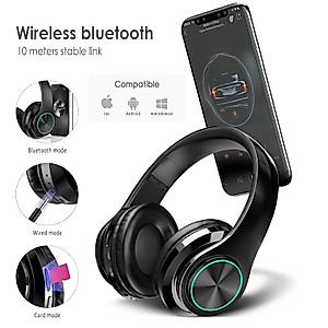 iChenovo 2022 Wireless Bluetooth Headphones,Colorful LED Lights Comfort Over Ear Foldable Headset with Built-in Microphone,FM,SD Card Slot,Wired for School/Tablet Computer/PC/TV/Cellphones/Travel