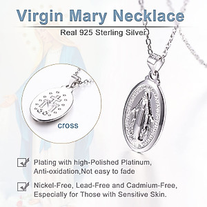 U7 925 Sterling Silver Virgin Mary Necklace Pendant with 20" Chain Catholic Gift for Women Gilrs Oval Miraculous Medal Jewelry