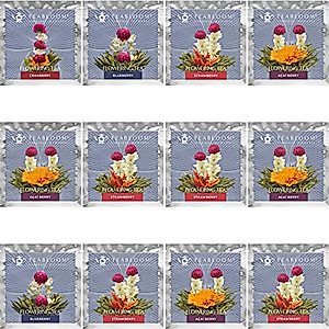 Teabloom Holiday Flowering Teas - 12 Assorted, Delicious Berry Blooming Teas - Premium Green Tea + Cranberry, Blueberry, Acai Berry & Strawberry