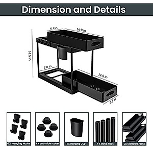 HOMEELLO Under Sink Organizers and Storage Bathroom, 2 Tier Double Sliding Under Cabinet Organizer with 4 Hooks, 1 Hanging Cup, A Complete Bathroom Organizer Under Sink