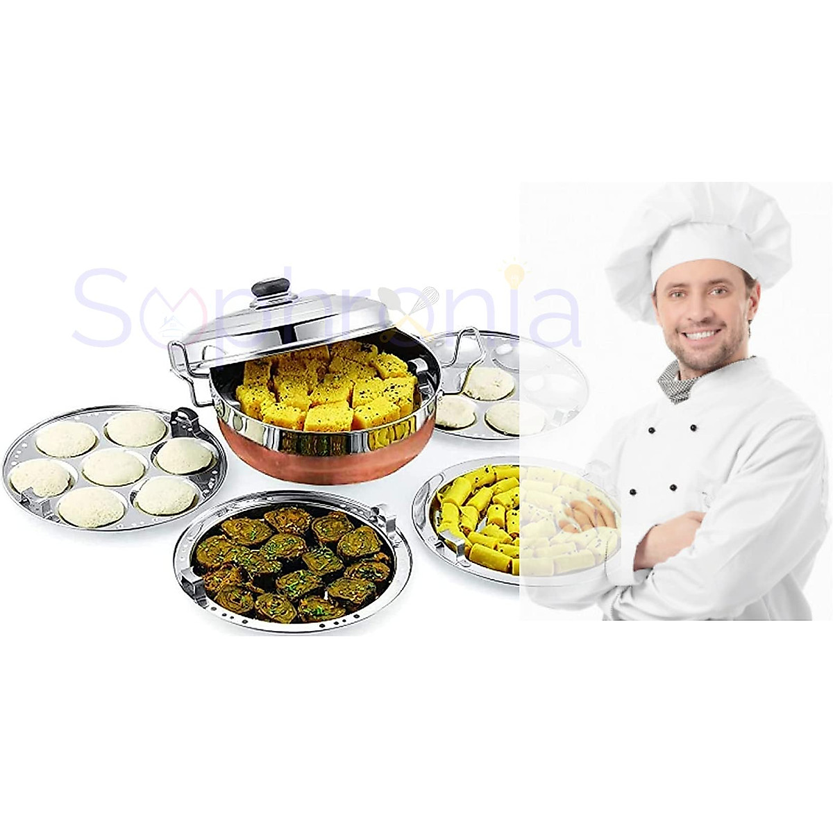 Sophronia Stainless Steel Idli Cooker Multi Kadai Steamer with Copper Bottom All-in-One Big Size 5 Plate 2 Idli | 2 Dhokla | 1 Patra | Momo's | 28.5 cm Dia