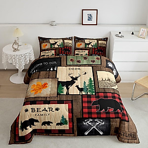 Manfei Rustic Comforter Set King Size, Wildlife Deer Bear Trees Print Quilt Set with 2 Pillowcases, Farmhouse Style Camping Bedding Set 3pcs for Kids Boys Teens Bedroom Decor