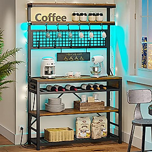 Itaar Bakers Rack with Power Outlet, 6-Tier Coffee Bar, Microwave Stand with Wine Rack, LED Lights and 10 Hooks, Bakers Racks for Kitchens with Storage, Rustic Brown