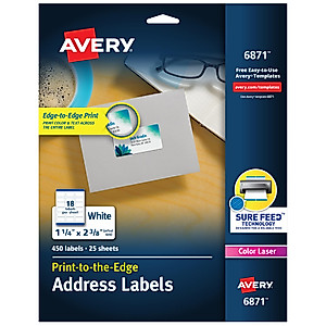 Avery Print-to-The-Edge Printable Address Labels with Sure Feed, 1-1/4" x 2-3/8", White, 450 Blank Mailing Labels (06871)